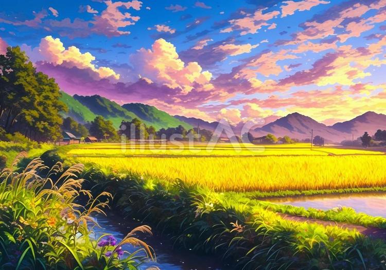 黄金色の稲穂が輝く、日本の田園風景イラスト - No: 25627092｜無料イラスト・フリー素材なら「イラストAC」