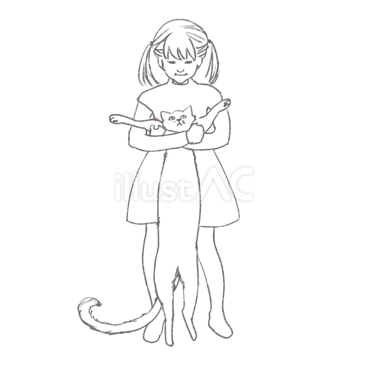 女の子と猫線画イラスト No 26006790|無料イラスト・フリー素材なら「イラストac」