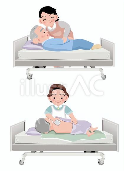 ベッドに寝たきりの老人の介助をする介護者イラスト No 23323555｜無料イラスト・フリー素材なら「イラストac」