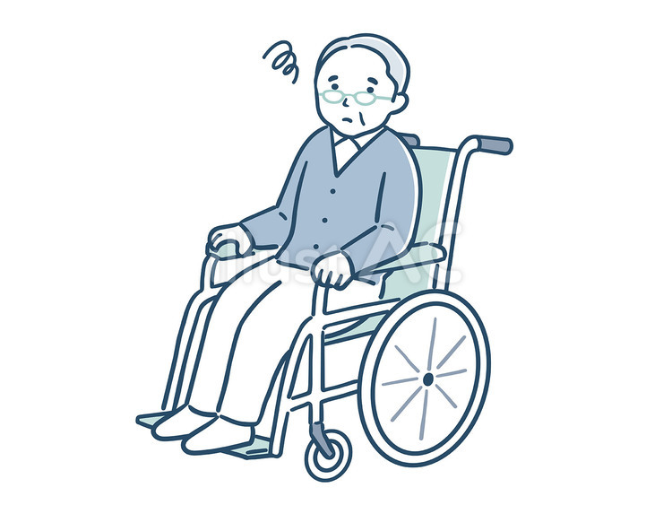 困った顔で車椅子に乗っているシニア男性イラスト - No: 23752669／無料イラスト/フリー素材なら「イラストAC」