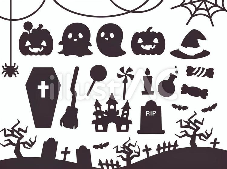 ハロウィン モノクロ セットイラスト No 23127197／無料イラスト フリー素材なら「イラストac」