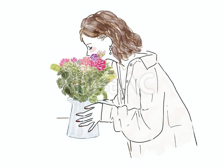 花束の花瓶に手を添え香りをかぐボブの女性イラスト - No: 26427948｜無料イラスト・フリー素材なら「イラストAC」
