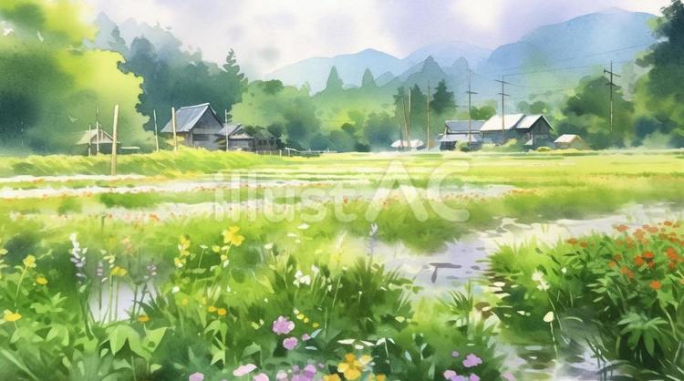夏の田舎の田園風景_水彩画イラスト - No: 23961115／無料イラスト/フリー素材なら「イラストAC」