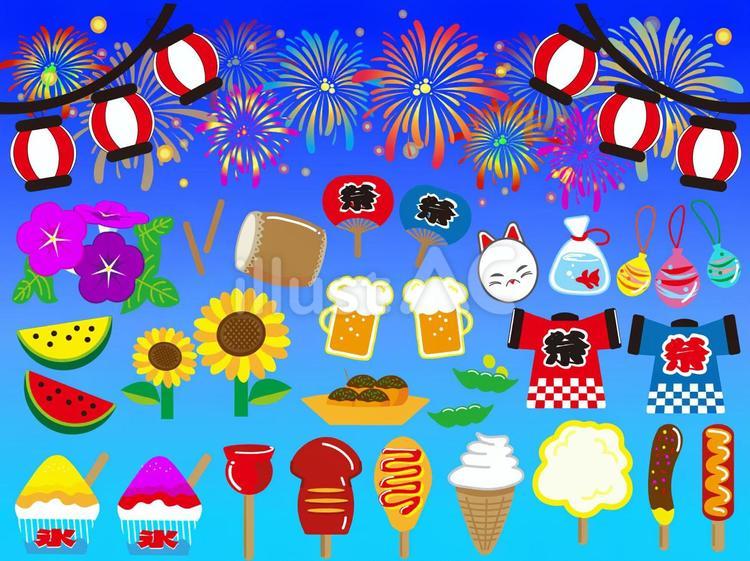 夏祭りイラストセット 花火と屋台イラスト - No: 26645000｜無料イラスト・フリー素材なら「イラストAC」